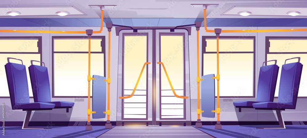 Empty bus interior with seats and handrails. Vector cartoon ...