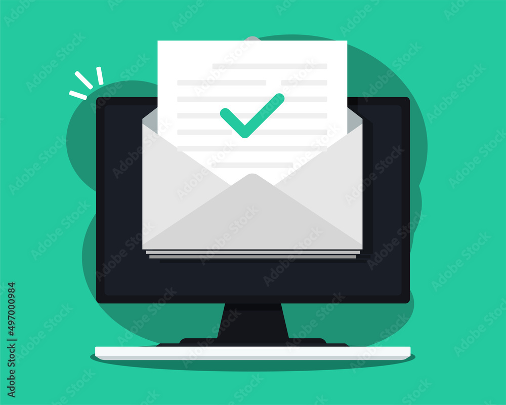 Check mark document in mail envelope. Approved email message on ...