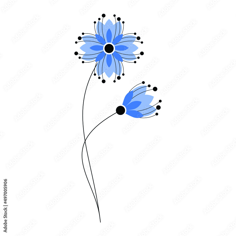 Blue ethnic style cartoon flowers vector simple illustration isolated ...