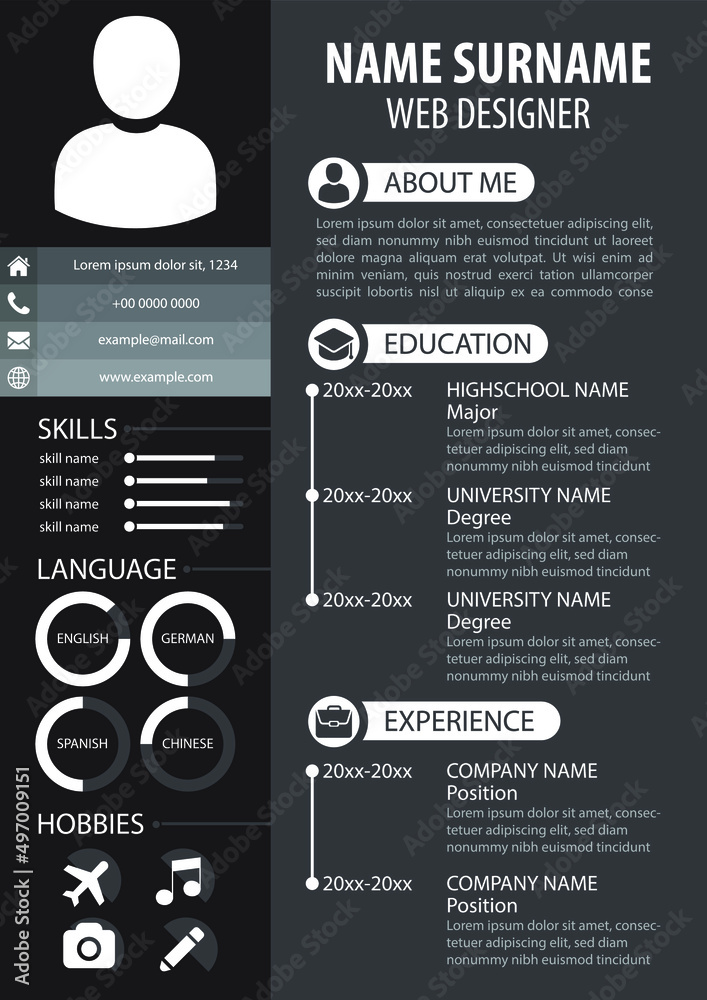 CV - Resume Template. Modern Simple Clean Design. Black and White Color ...