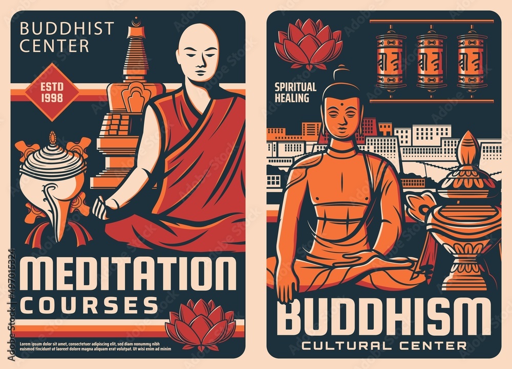 Buddhism religion retro posters. Buddhist cultural center, meditation ...