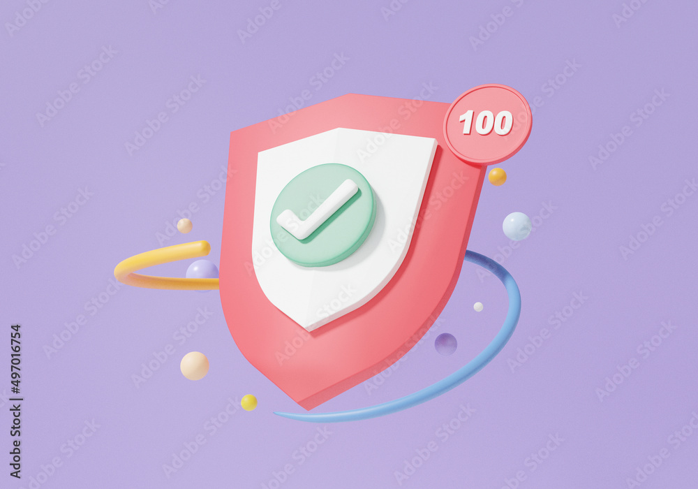 Red protection shield icon and check mark with security, notification ...