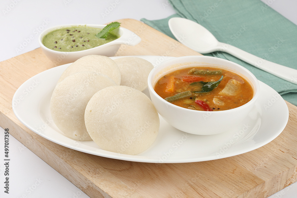Steamed Idli with sambhar and chutney, South Indian breakfast Stock ...