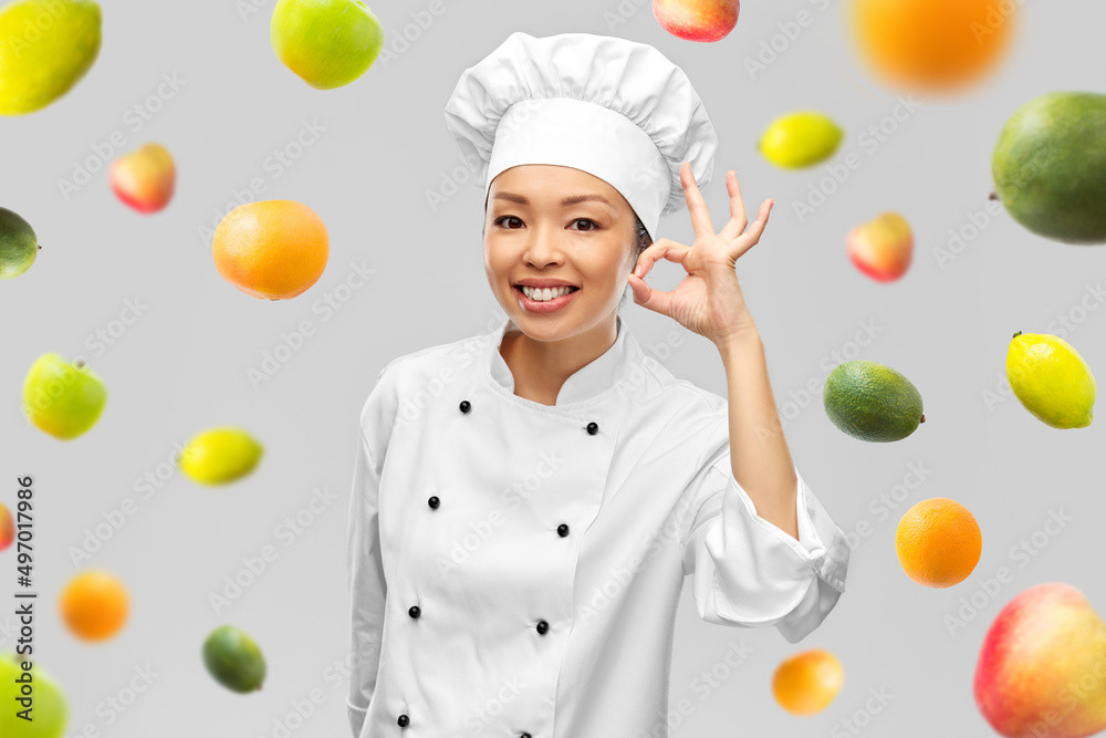 food cooking, vegetarian and culinary concept - happy smiling female ...