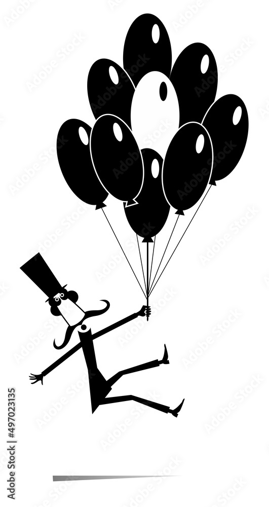 Cartoon man in the top hat flights on air balloons illustration. Comic ...