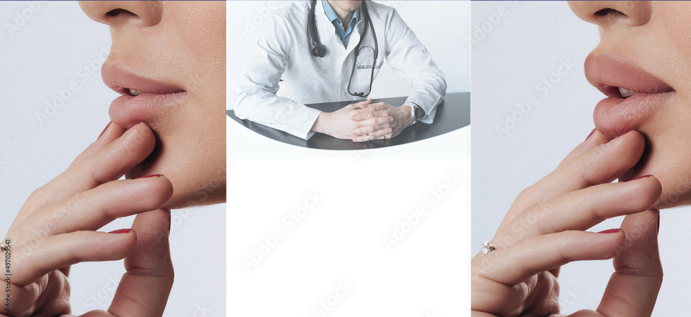 Close-up side view of female face in clinic with doctor before and ...