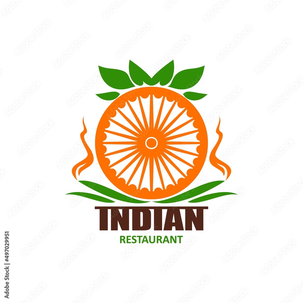 Indian cuisine restaurant icon with dhama wheel. Indian food restaurant ...