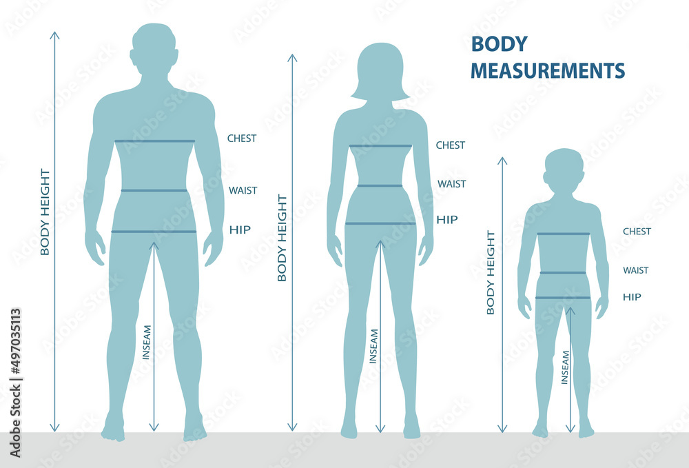 A silhouette of a full-length man, woman and boy with measurement lines ...