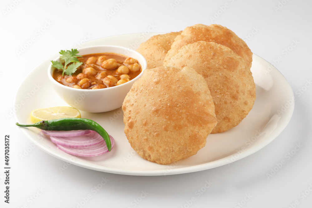 Puri and Chole traditional Indian food Indian dish spicy Chick Peas ...