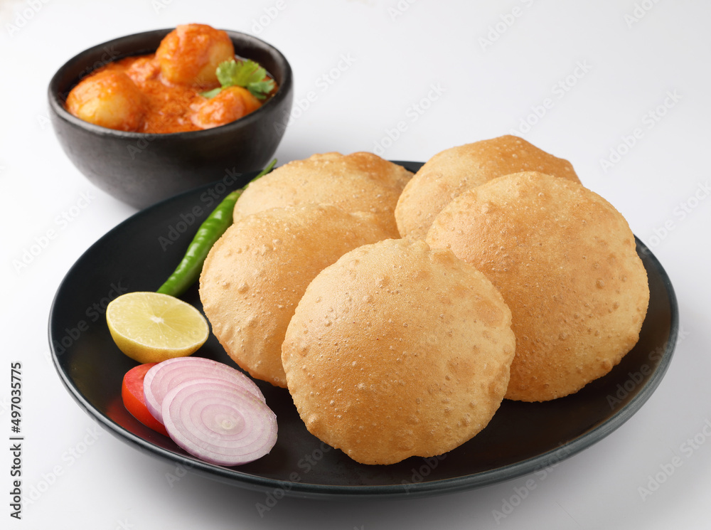 Puri and Chole traditional Indian food Indian dish spicy Chick Peas ...