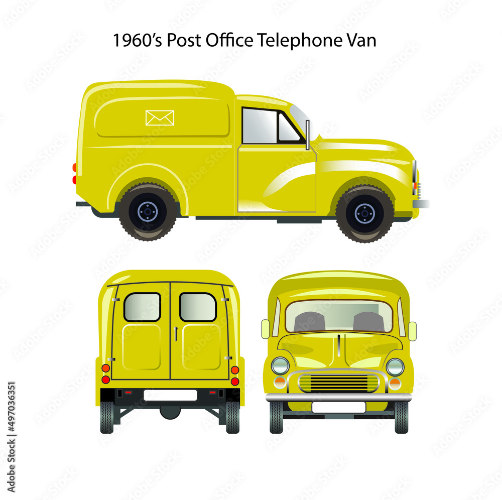 1960's yellow post office van, historic car portrait, vector ...