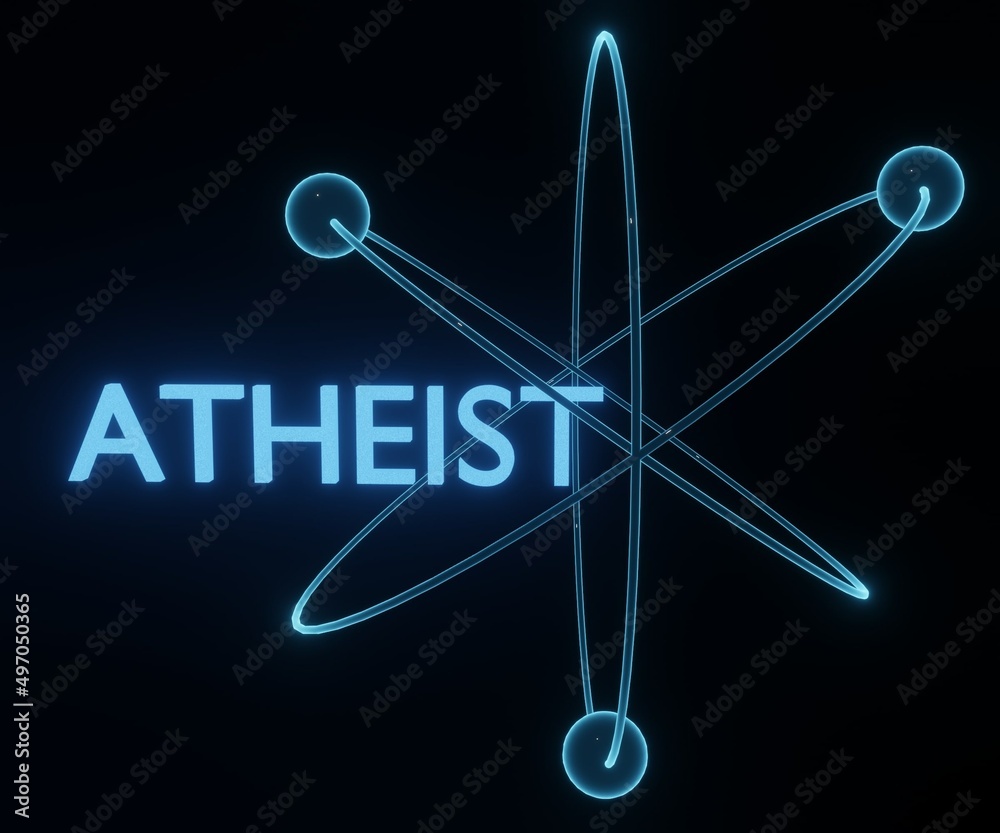 Isolated Atheist letter with atom molecule blue glowing on the black ...