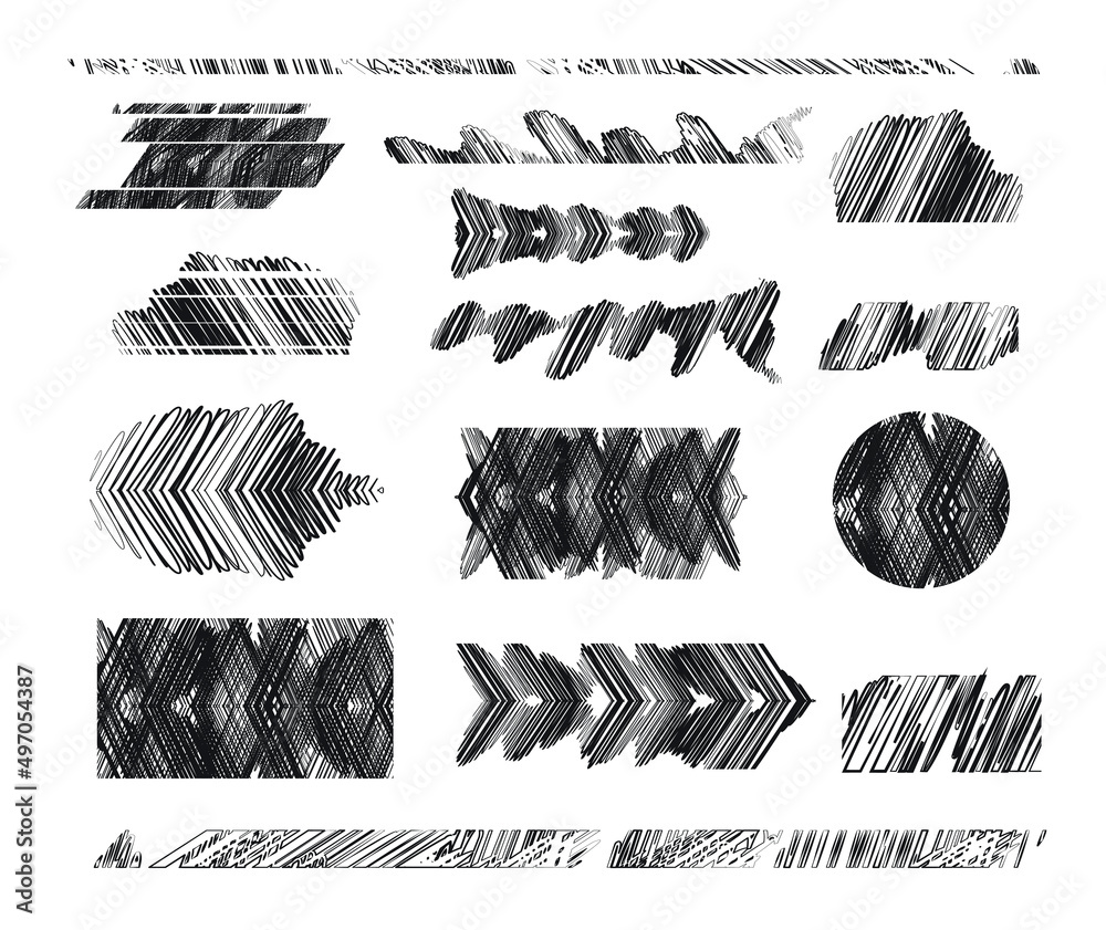 Pencil hatching in vector. Black and white hatching of geometric shapes ...