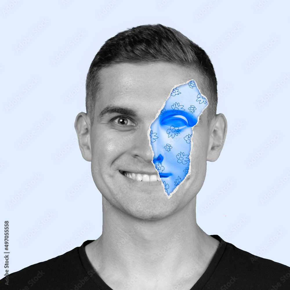 Contemporary artwork with portrait of happy man with effect of torn ...