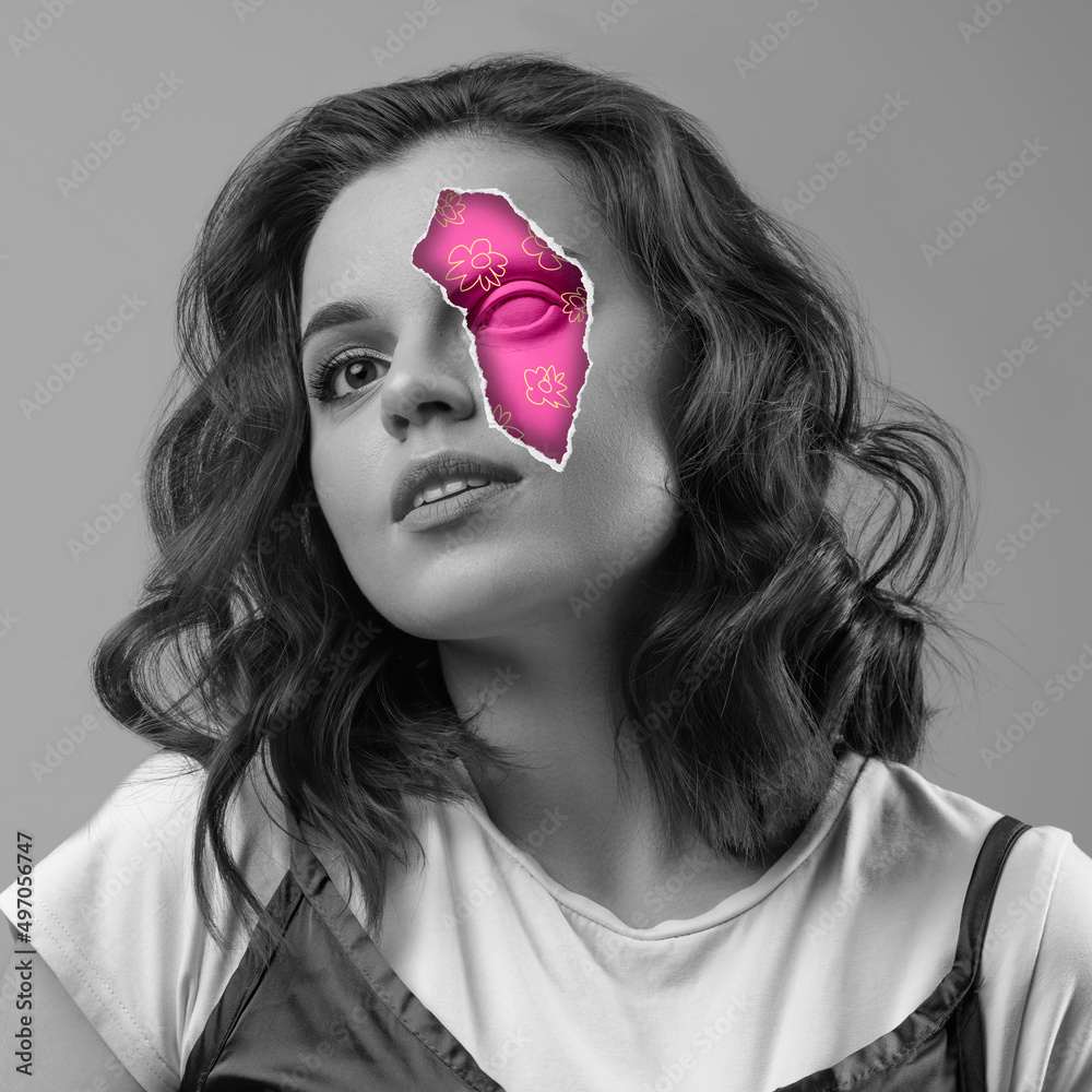 Foto de Conceptual collage with portrait of happy woman with effect of ...