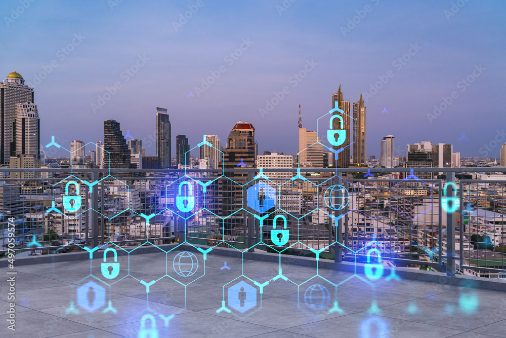 Rooftop with concrete terrace, Bangkok sunset skyline. Cyber security ...