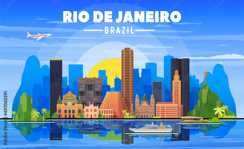 Rio De Janeiro (Brazil) skyline with panorama in sky background. Vector ...