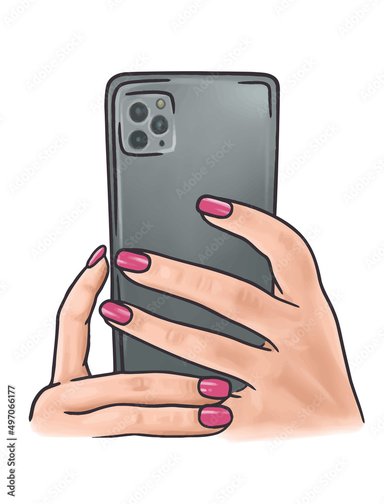 Hand holding phone back. cartoon vector hand-drawn illustration Stock ...