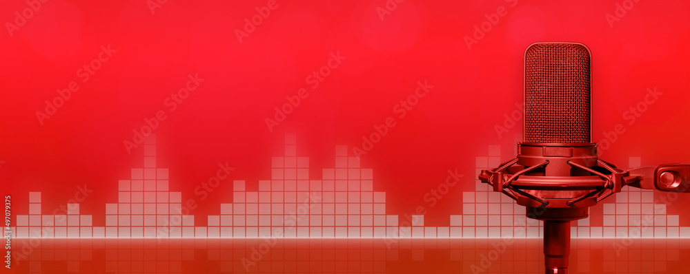 Studio podcast microphone or radio broadcast microphone on red ...