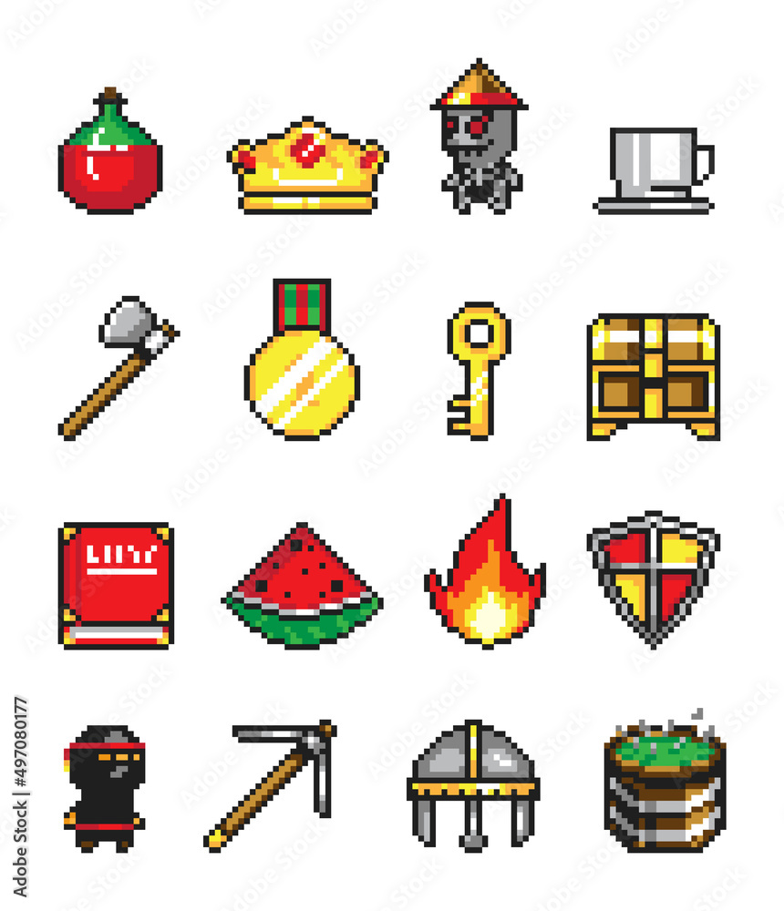 Set of minimalistic pixel art vector objects. Design elements of 8 bit ...