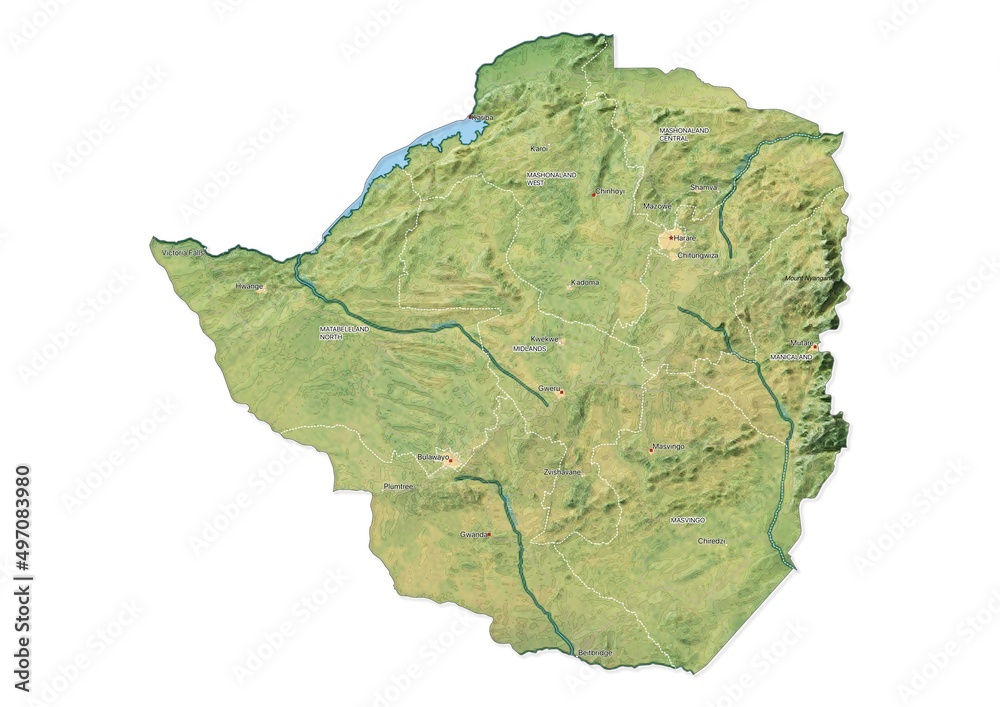 Isolated map of Zimbabwe with capital, national borders, important ...