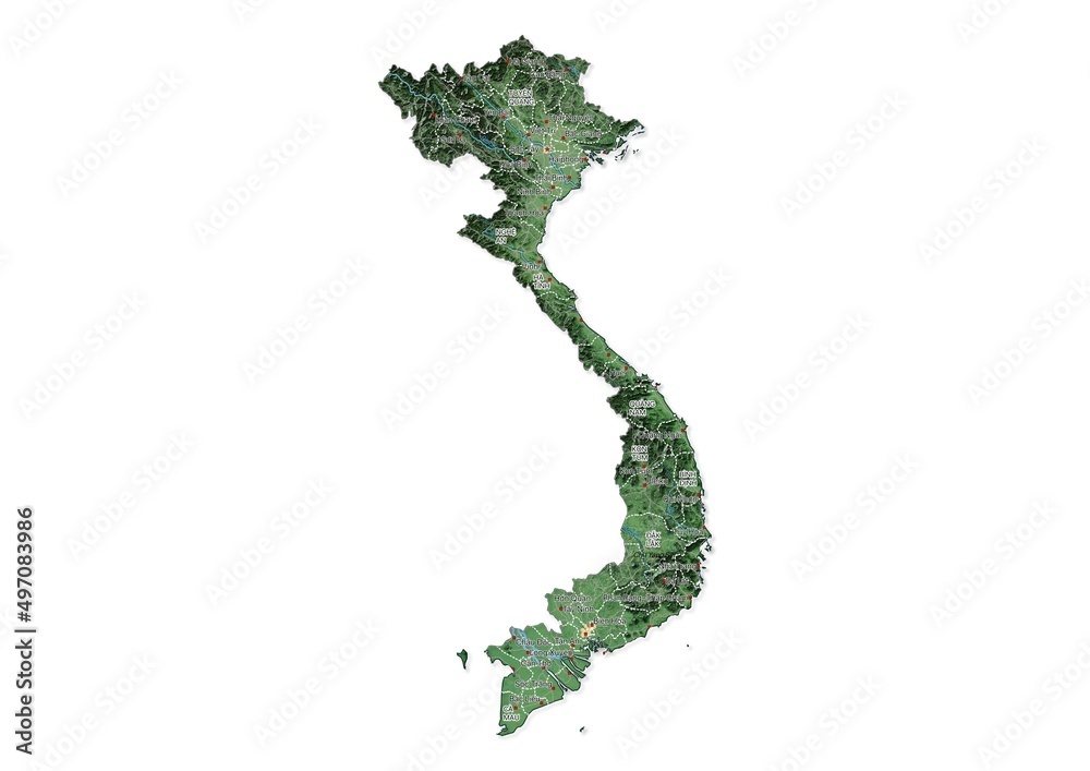 Isolated map of Vietnam with capital, national borders, important ...