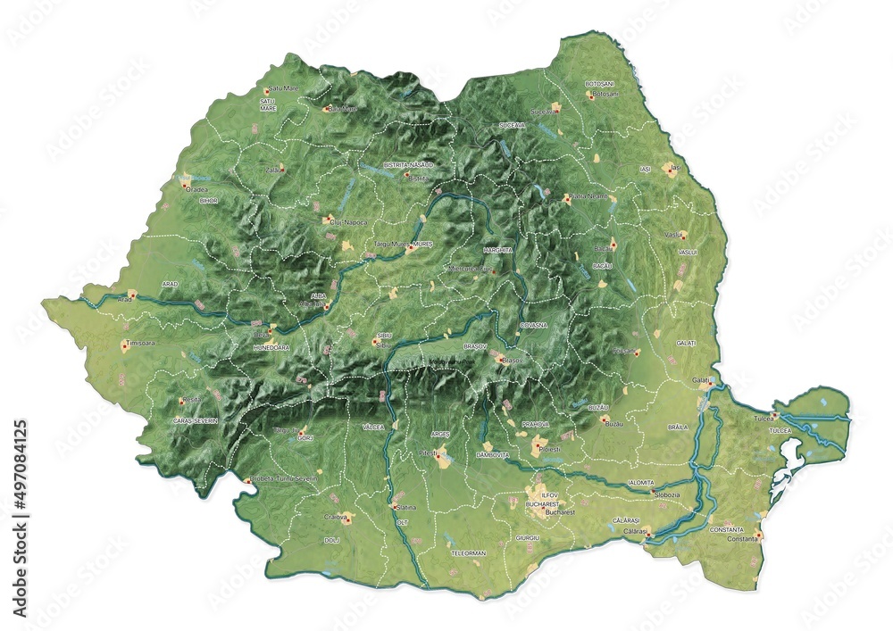 Isolated map of Romania with capital, national borders, important ...