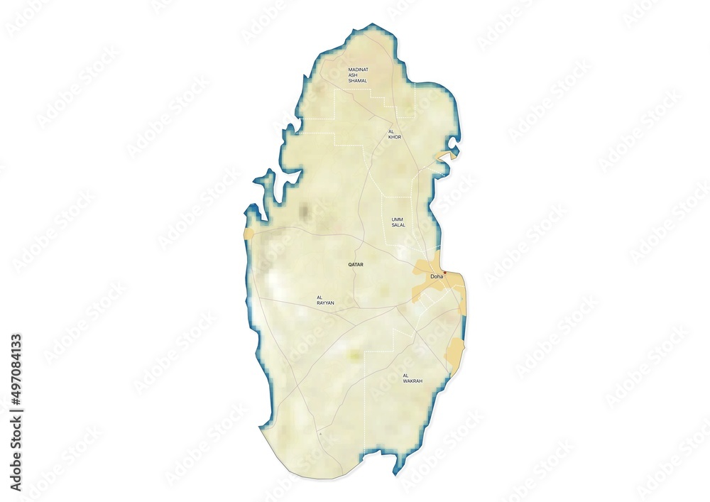 Isolated map of Qatar with capital, national borders, important cities ...