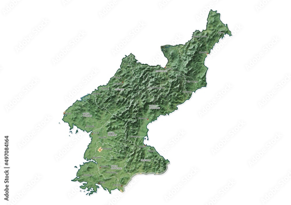 Isolated map of North Korea with capital, national borders, important ...