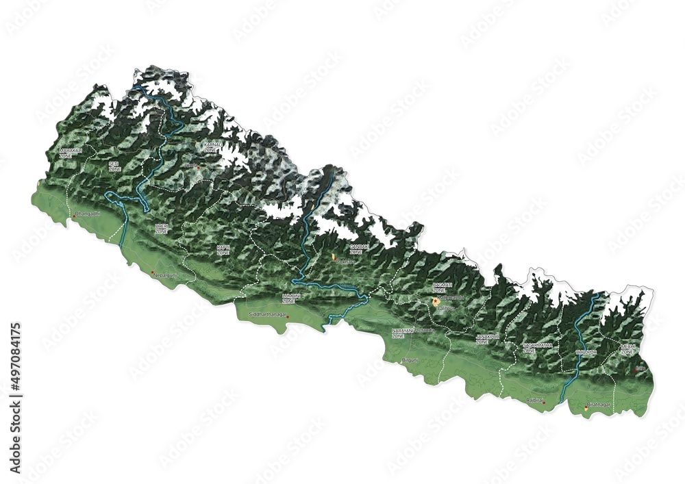 Isolated map of Nepal with capital, national borders, important cities ...