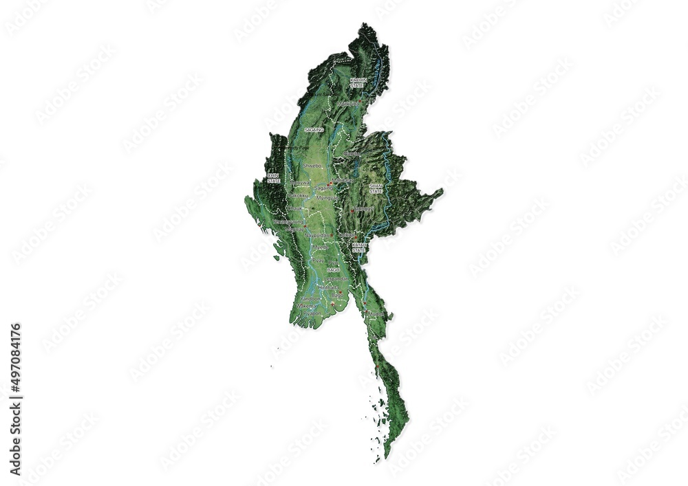 Isolated map of Myanmar with capital, national borders, important ...