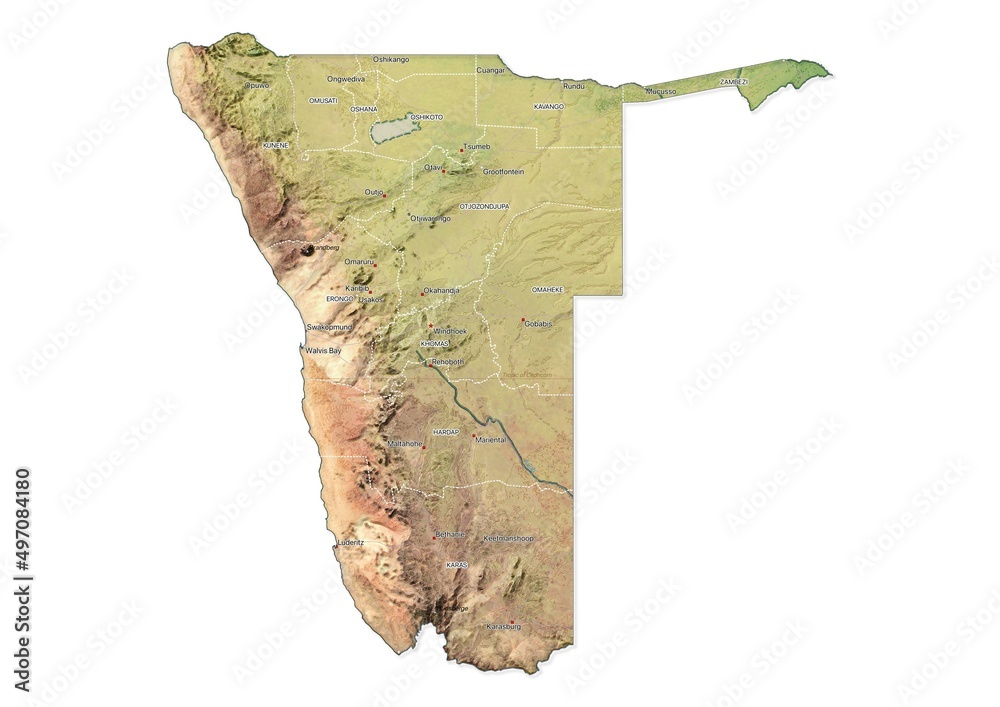 Isolated map of Namibia with capital, national borders, important ...