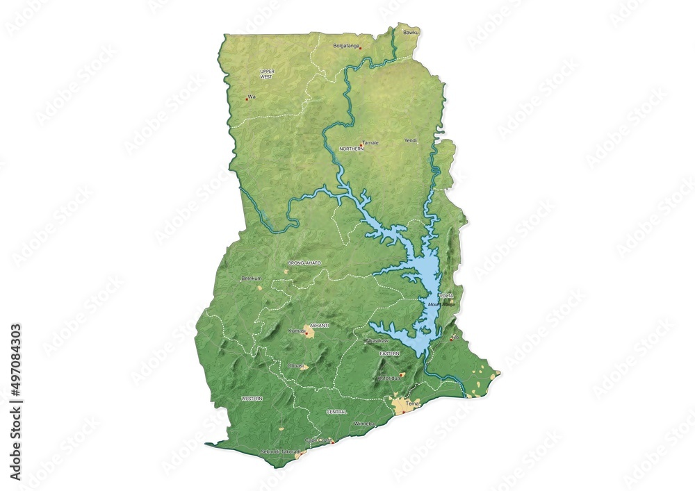 Isolated map of Ghana with capital, national borders, important cities ...