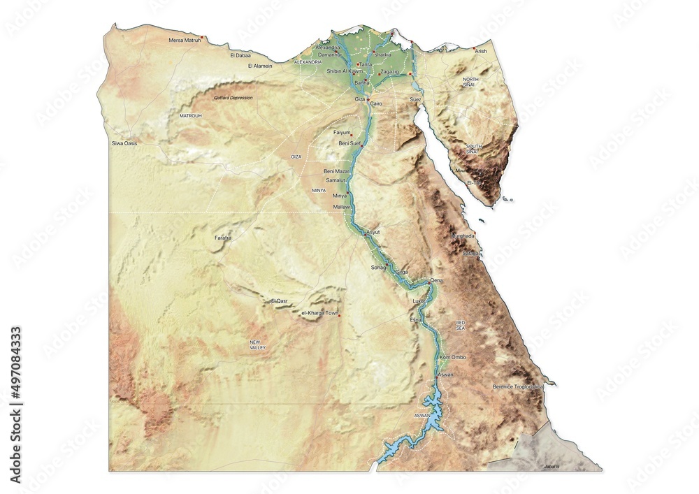 Plakat Isolated map of Egypt with capital, national borders, important ...