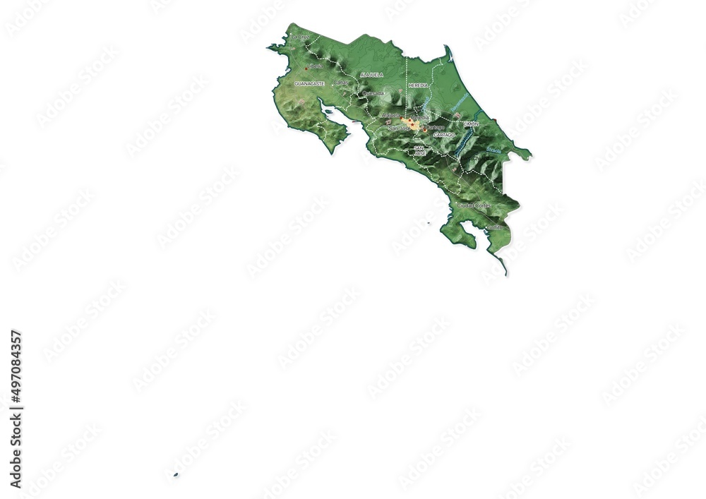 Isolated map of Costa Rica with capital, national borders, important ...