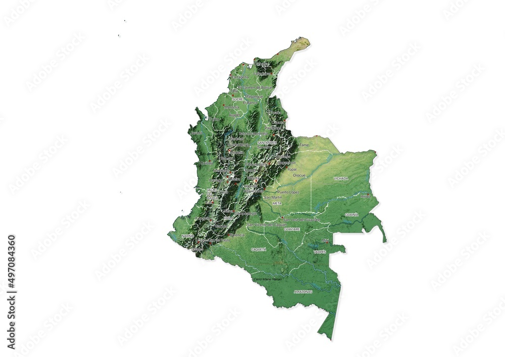 Isolated map of Colombia with capital, national borders, important ...