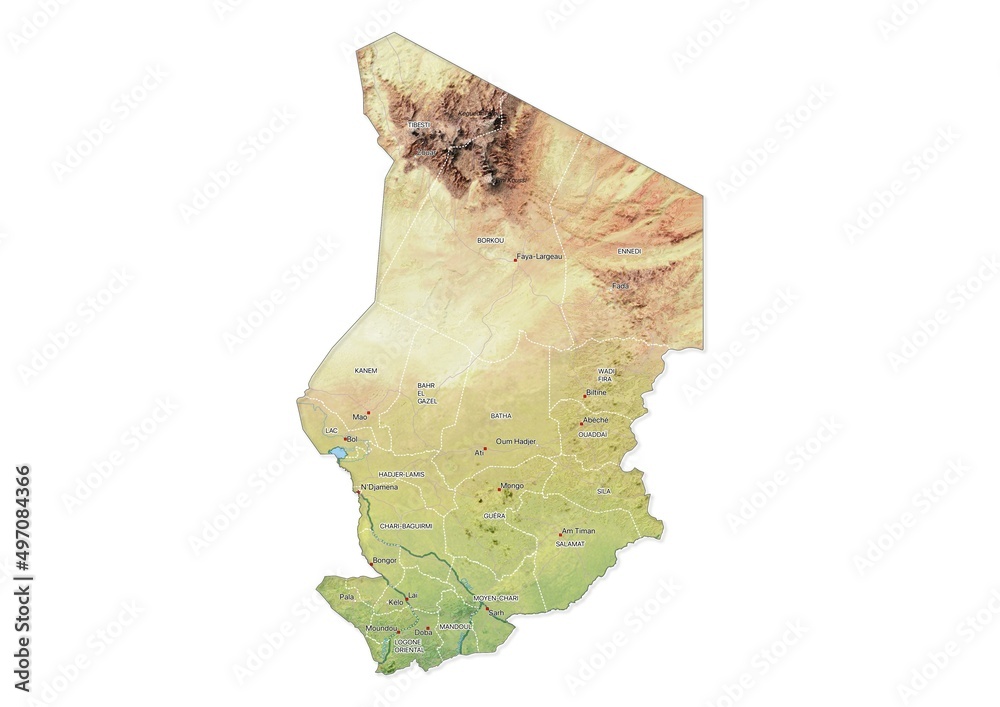 Isolated map of Chad with capital, national borders, important cities ...