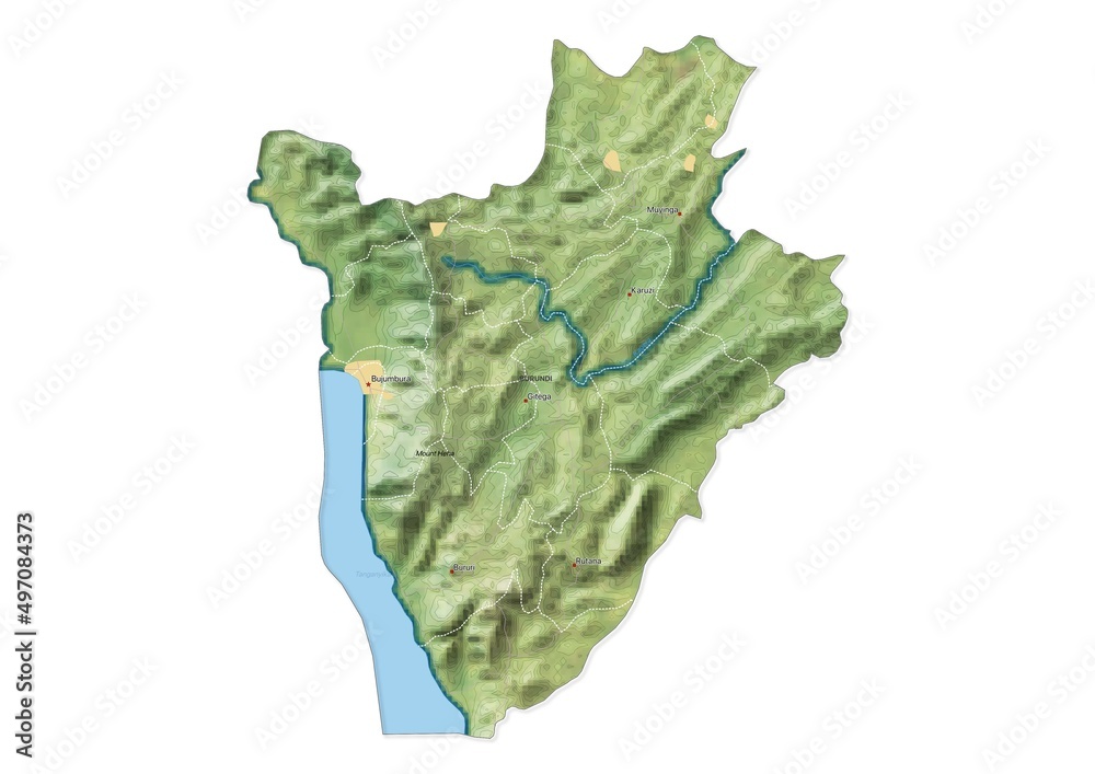 Isolated map of Burundi with capital, national borders, important ...