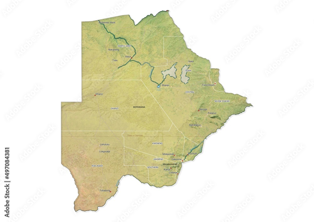 Isolated map of Botswana with capital, national borders, important ...