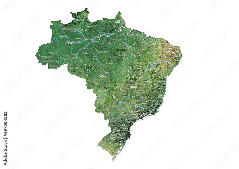 Isolated map of Brazil with capital, national borders, important cities ...