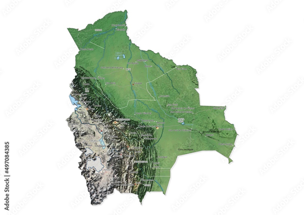 Isolated map of Bolivia with capital, national borders, important ...