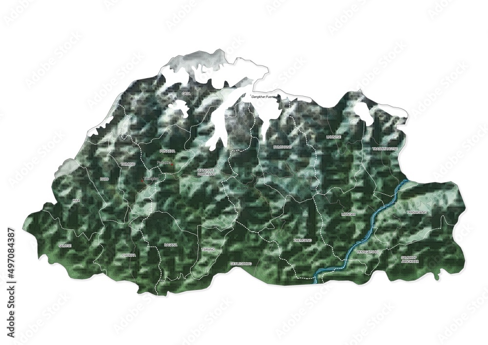 Isolated map of Bhutan with capital, national borders, important cities ...