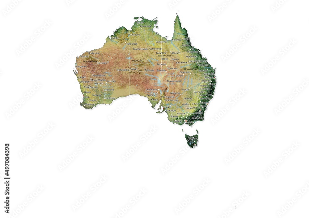 Isolated map of Australia with capital, national borders, important ...
