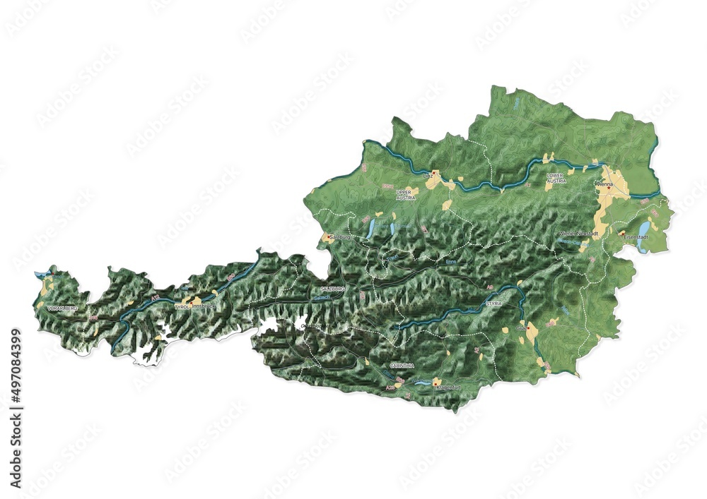 Isolated map of Austria with capital, national borders, important ...