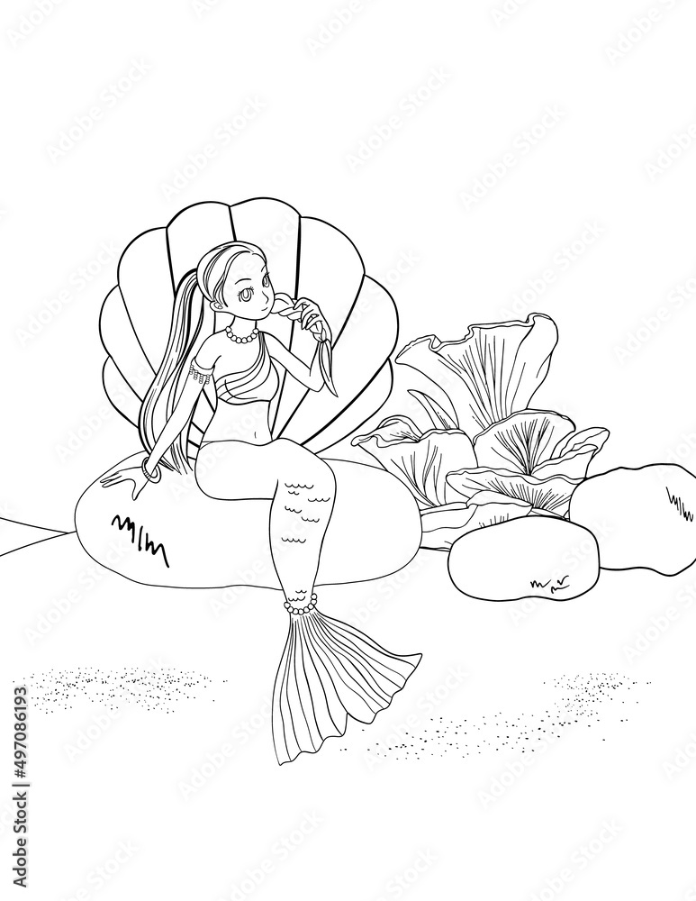 Cute line art mermaid sitting on the rock with a big shell behind ...