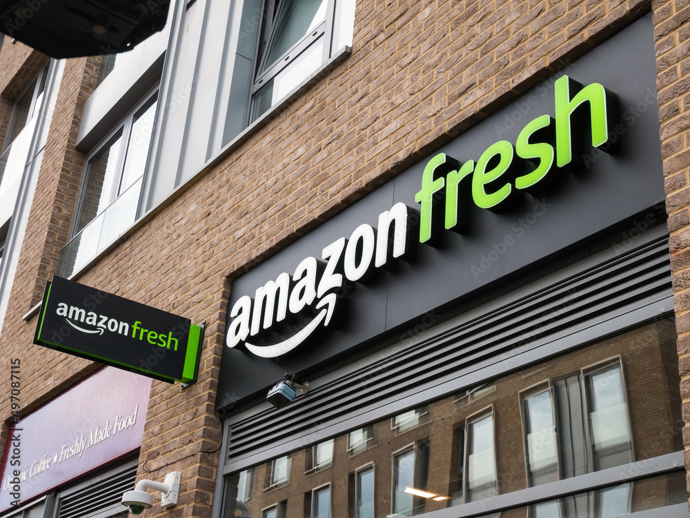 London, UK, April 2nd 2022: The Amazon Fresh store name and logo ...