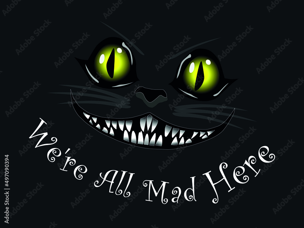 Cheshire cat smile vector illustration with quote on dark background ...