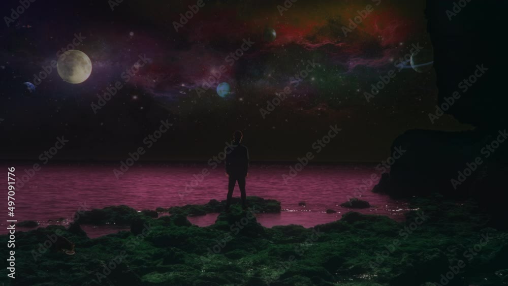 Strange Ocean Landscape Alien Planet Man Standing On Rocks, Scifi ...