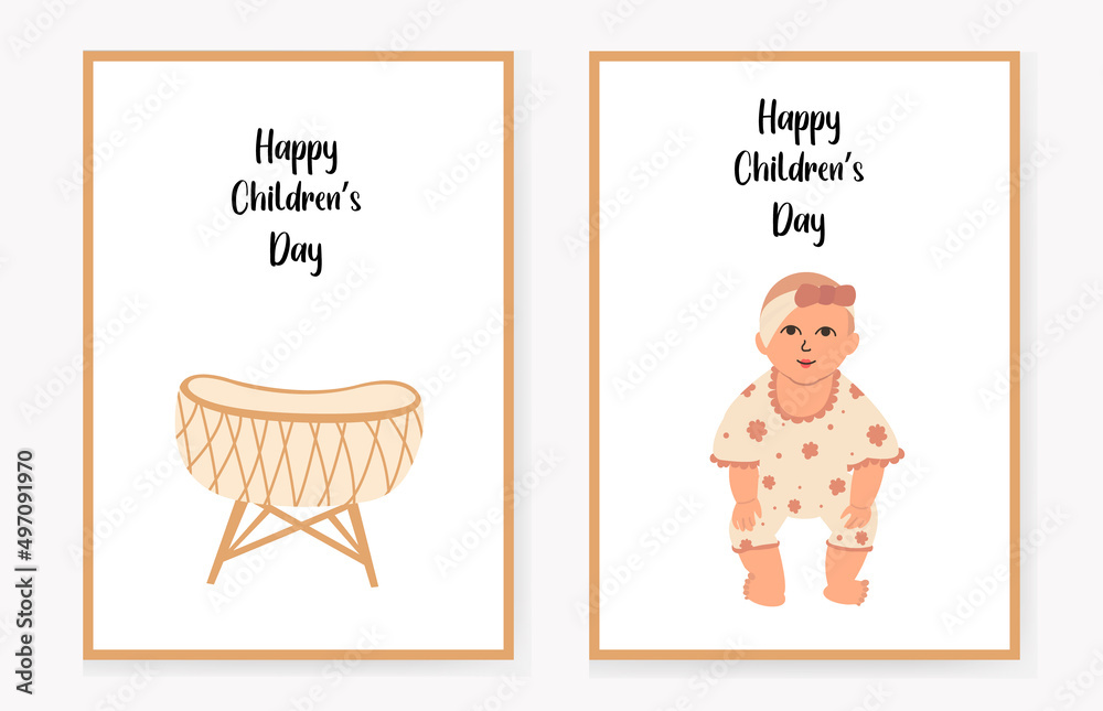 set of invitation cards for children with a cute crib and baby, happy ...
