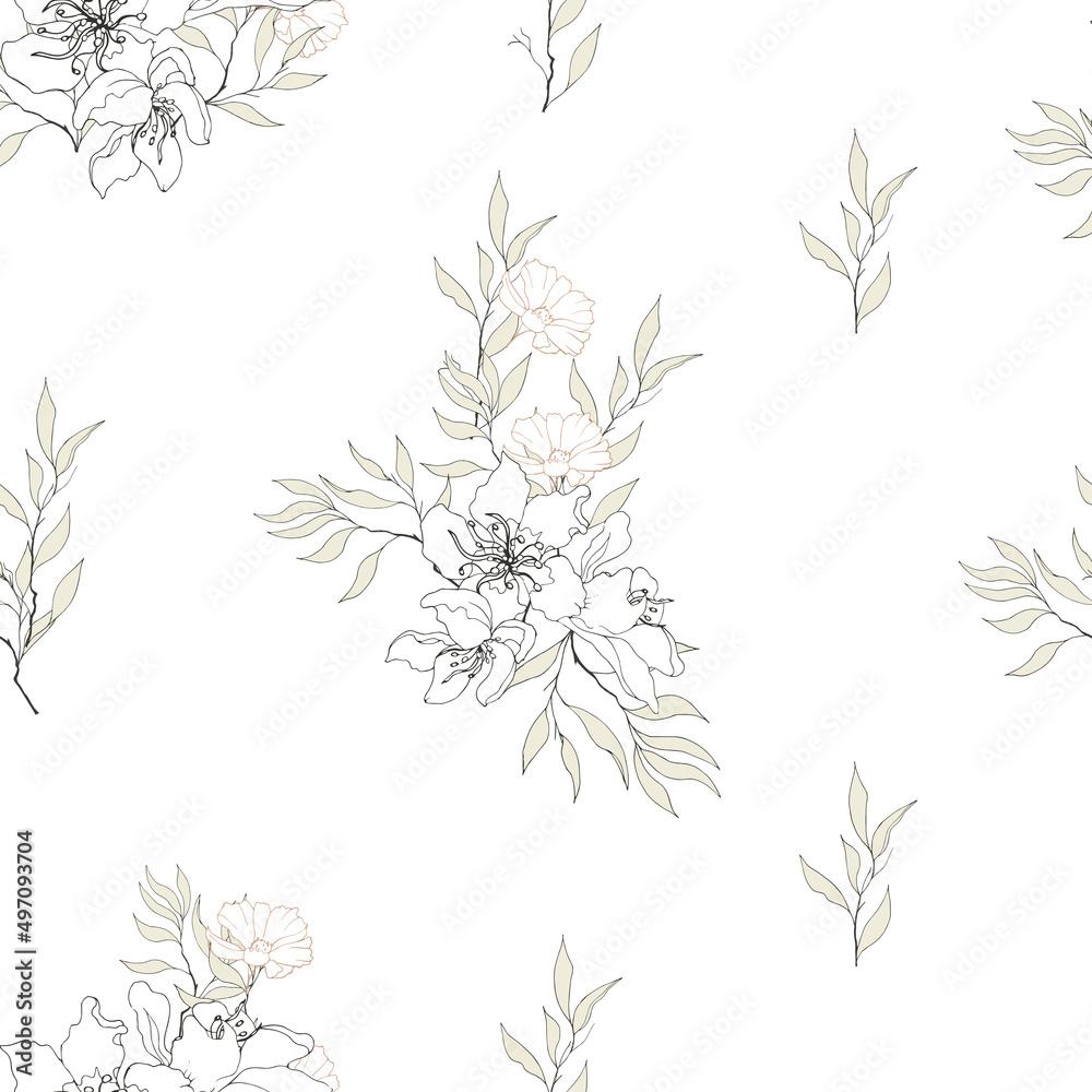 Simple white floral background with outline sakura flowers, seamless ...